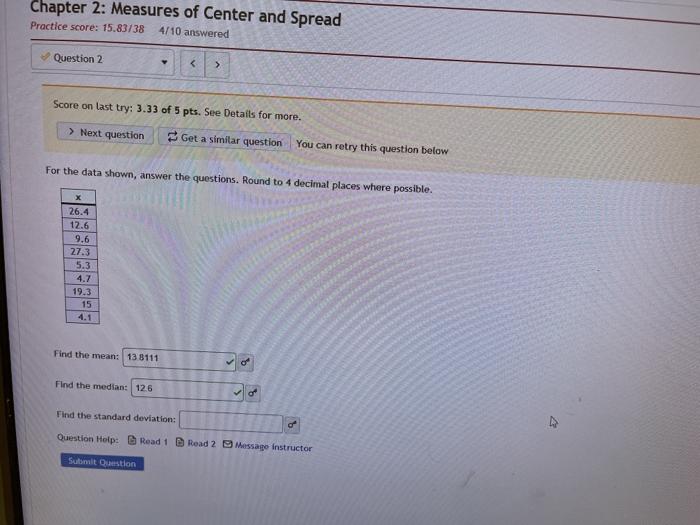 Solved Chapter 2: Measures of Center and Spread Practice | Chegg.com