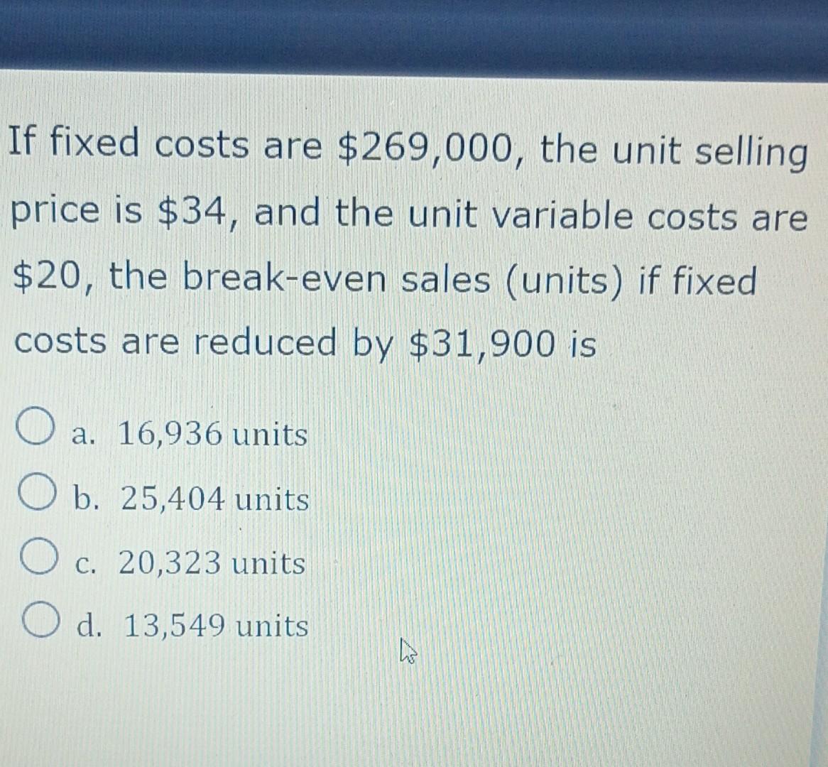 Solved If fixed costs are $269,000, the unit selling price | Chegg.com