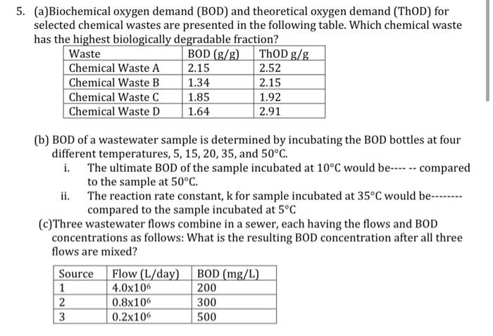 Solved 5. (a)Biochemical oxygen demand (BOD) and theoretical | Chegg.com