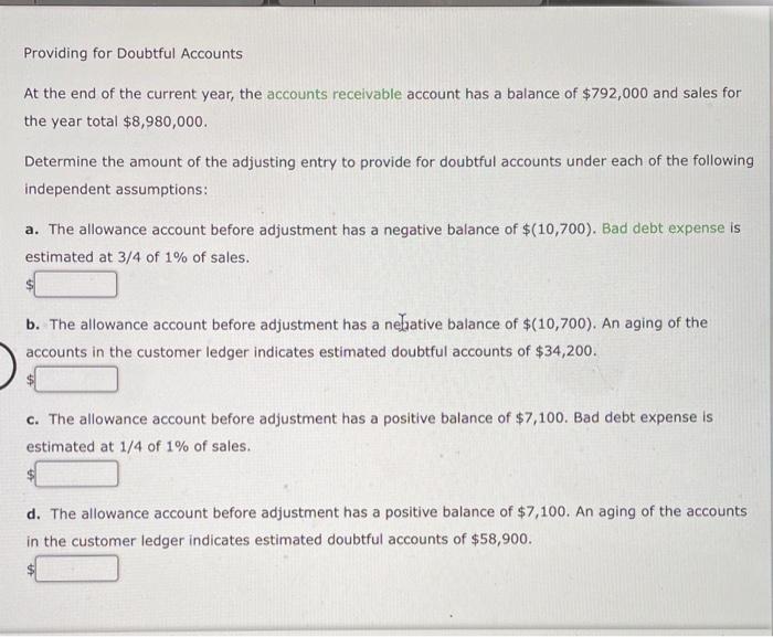 Solved Providing for Doubtful Accounts At the end of the | Chegg.com