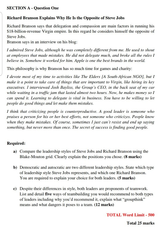 Solved SECTION A - Question One Richard Branson Explains Why | Chegg.com