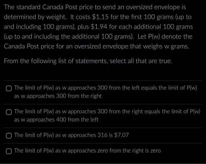 Solved The standard Canada Post price to send an oversized | Chegg.com