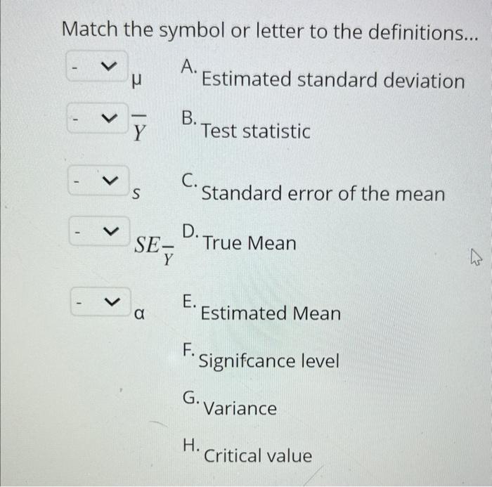 Solved Match the symbol or letter to the definitions... μ A. | Chegg.com