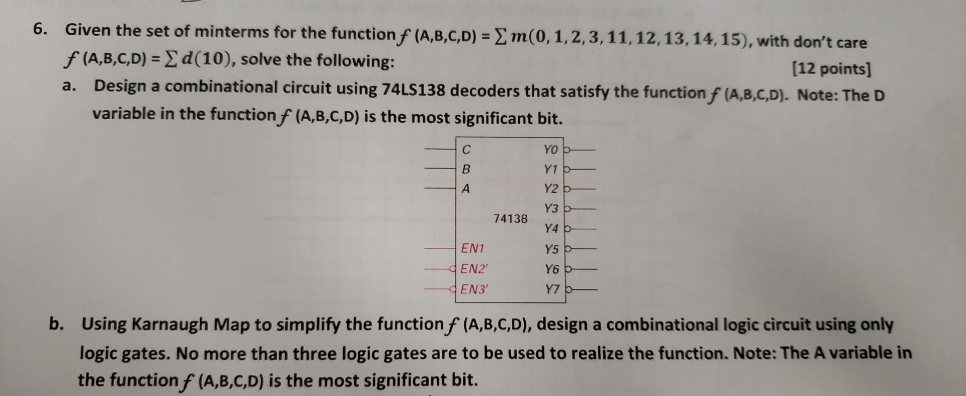 Solved Given the set of minterms for the function | Chegg.com