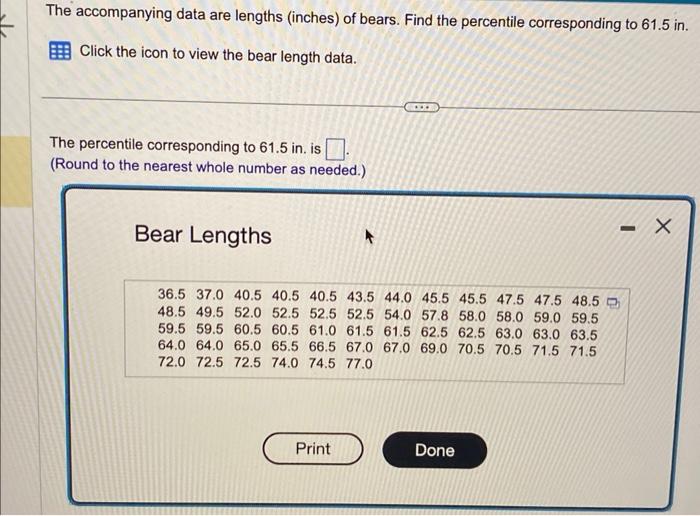 Solved The accompanying data are lengths (inches) of bears. | Chegg.com