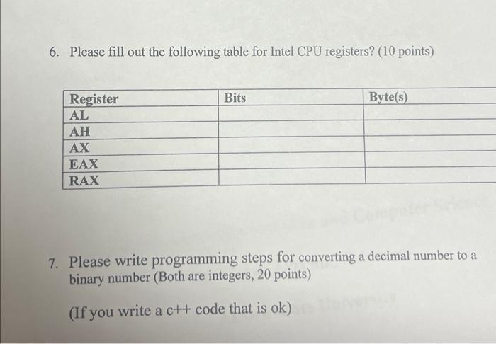 Solved 6. Please fill out the following table for Intel CPU | Chegg.com