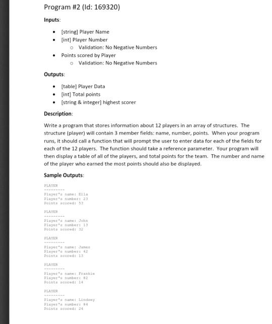 Solved Program #2 (d: 169320) Inputs . [string Player Name | Chegg.com