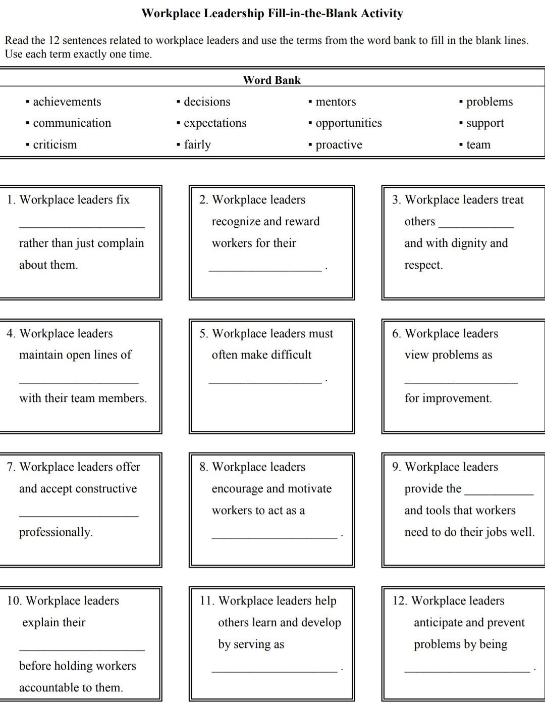 Solved Workplace Leadership Fill-in-the-Blank Activity Read | Chegg.com