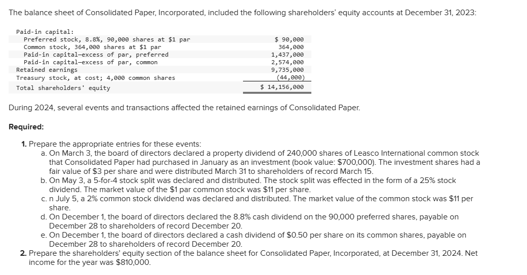 Solved The balance sheet of Consolidated Paper, | Chegg.com