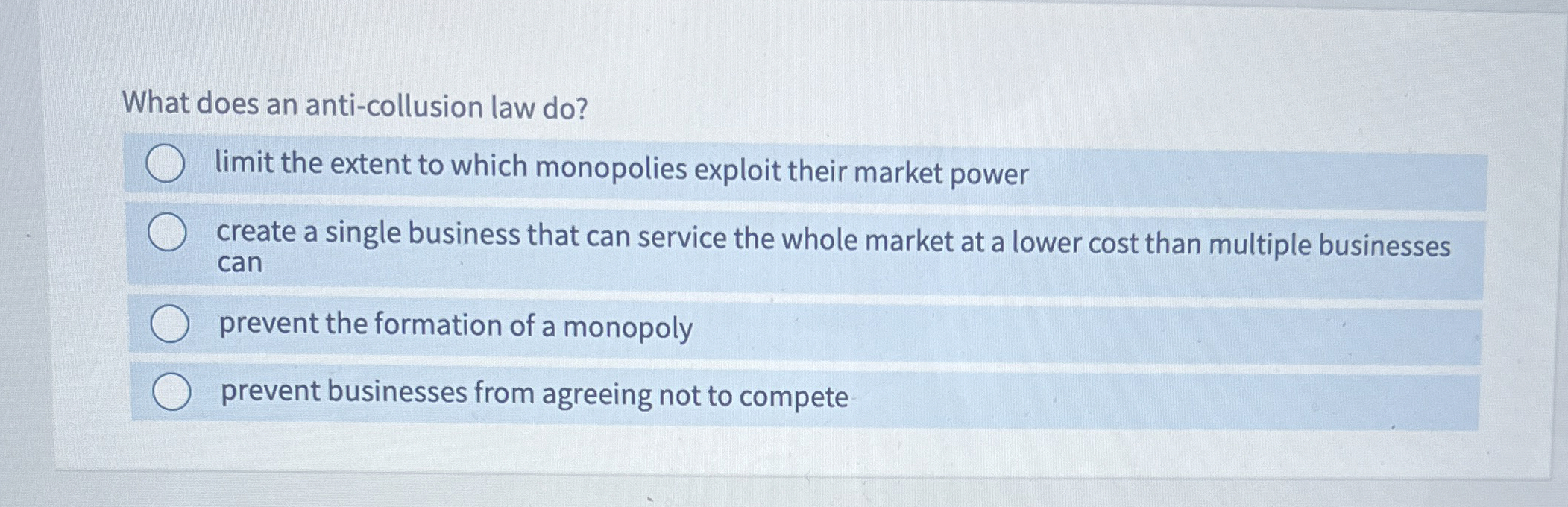 Solved What does an anti-collusion law do?limit the extent | Chegg.com