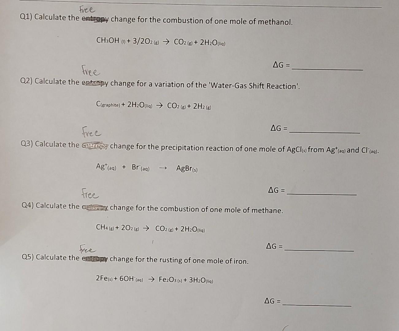 Solved Free Q1) Calculate the entropy change for the | Chegg.com