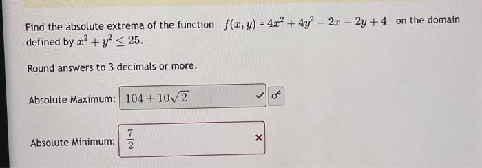 Solved Find the absolute extrema of the function | Chegg.com