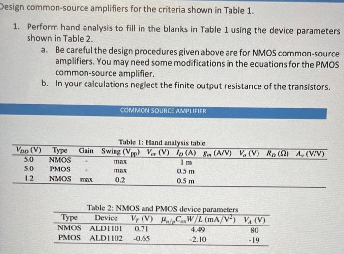 Solved esign common-source amplifiers for the criteria shown | Chegg.com