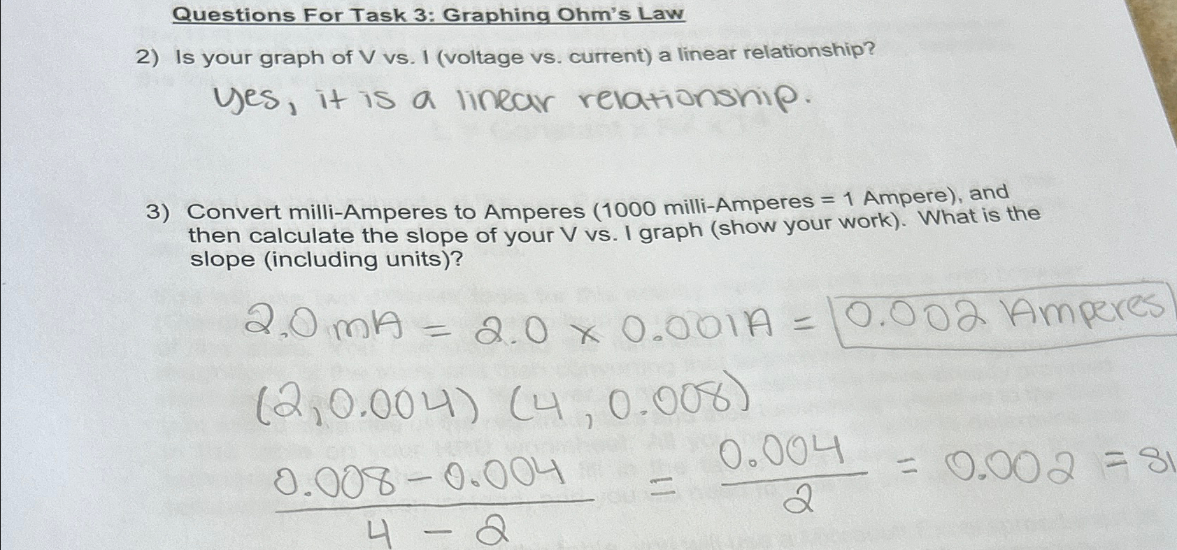 Solved Questions For Task 3: Graphing Ohm's LawIs your graph | Chegg.com