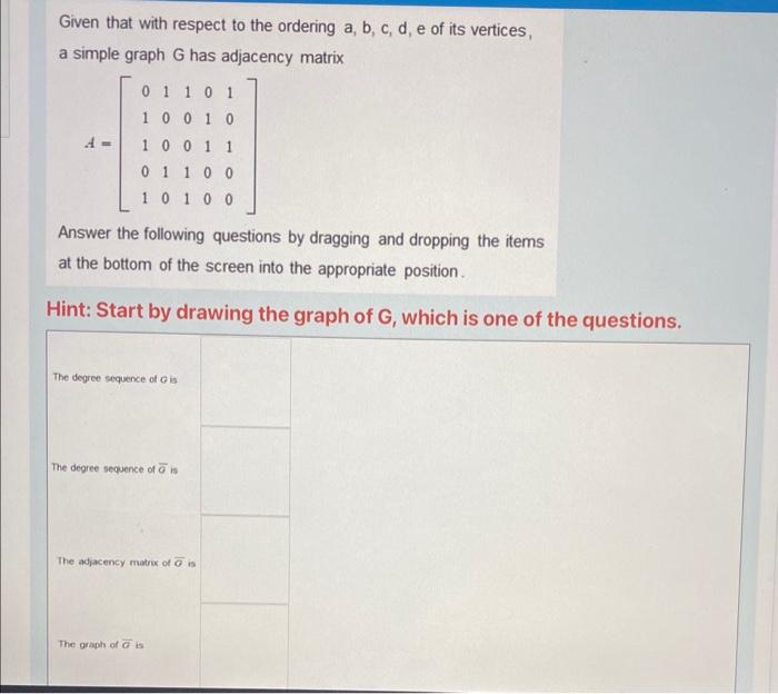Solved Given that with respect to the ordering a,b,c,d,e of | Chegg.com