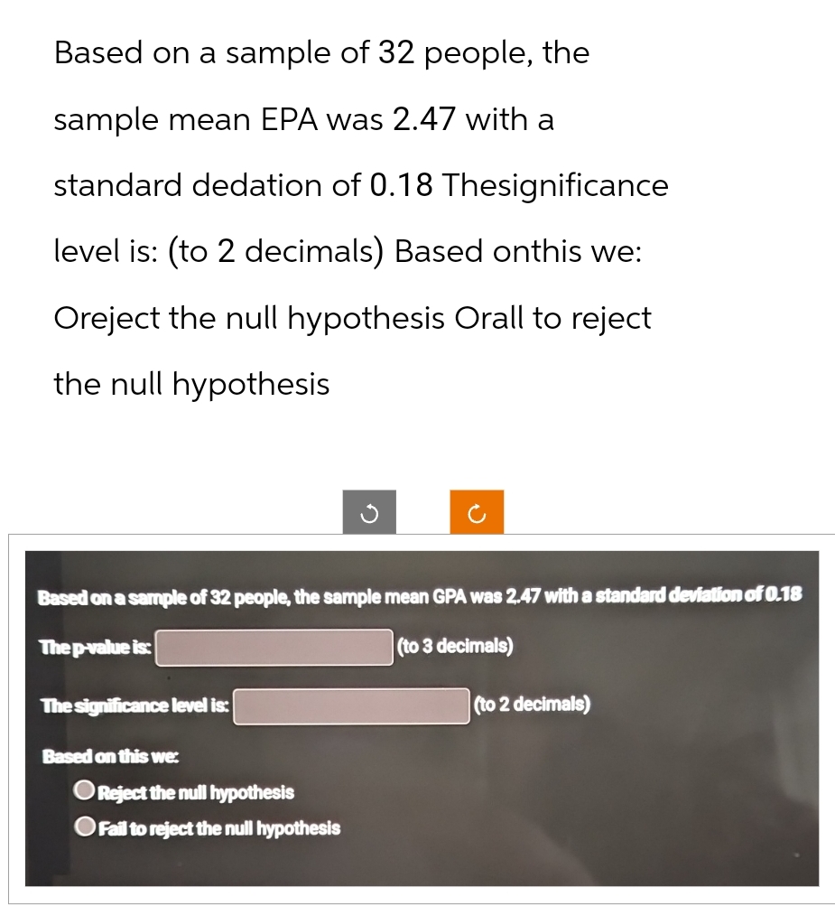 Solved Based on a sample of 32 ﻿people, thesample mean EPA | Chegg.com