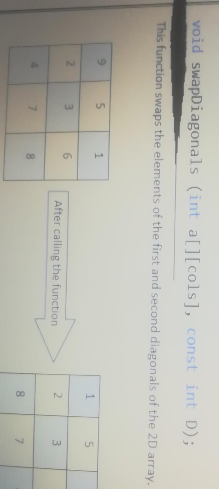 Solved void swapDiagonals (int a[][cols], const int D); This | Chegg.com