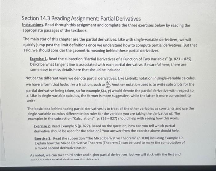 Solved Section 14.3 Reading Assignment: Partial Derivatives | Chegg.com