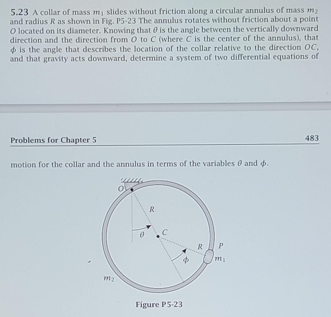 Solved 5.23 A collar of mass m1 slides without friction | Chegg.com
