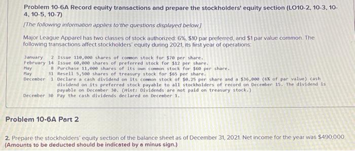 Solved Problem 10-6A Record equity transactions and prepare | Chegg.com