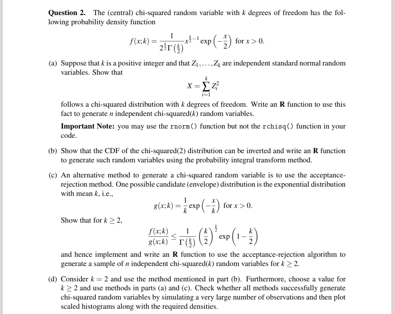 Solved Question 2. ﻿The (central) ﻿chi-squared random | Chegg.com