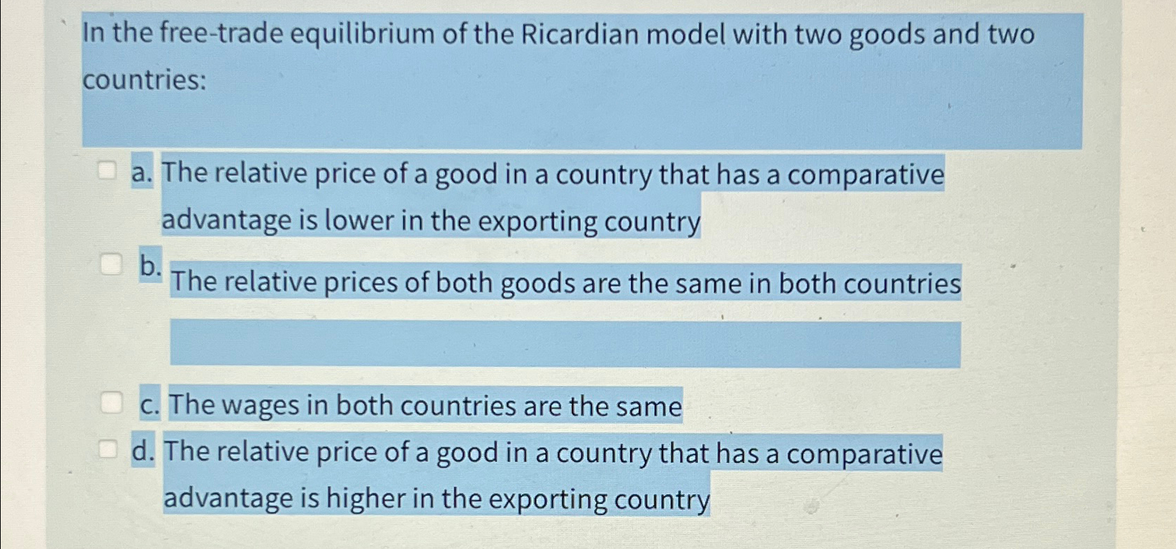 Solved In the free-trade equilibrium of the Ricardian model | Chegg.com