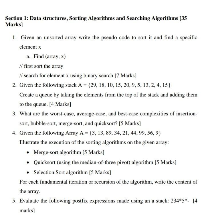 Solved Section 1: Data structures, Sorting Algorithms and | Chegg.com