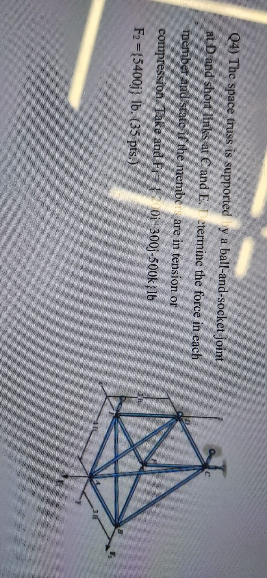 Solved Q4) ﻿The space truss is supported y a ball-and-socket | Chegg.com
