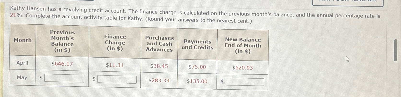 Solved Kathy Hansen has a revolving credit account. The | Chegg.com