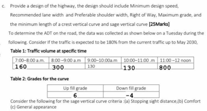 Solved c. Provide a design of the highway, the design should | Chegg.com