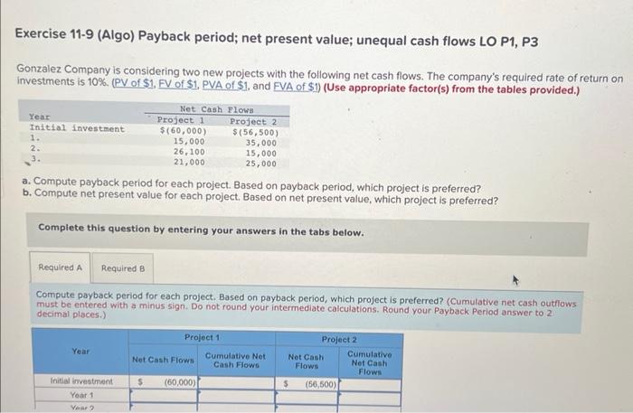 Solved Exercise 11-9 (Algo) Payback period; net present | Chegg.com
