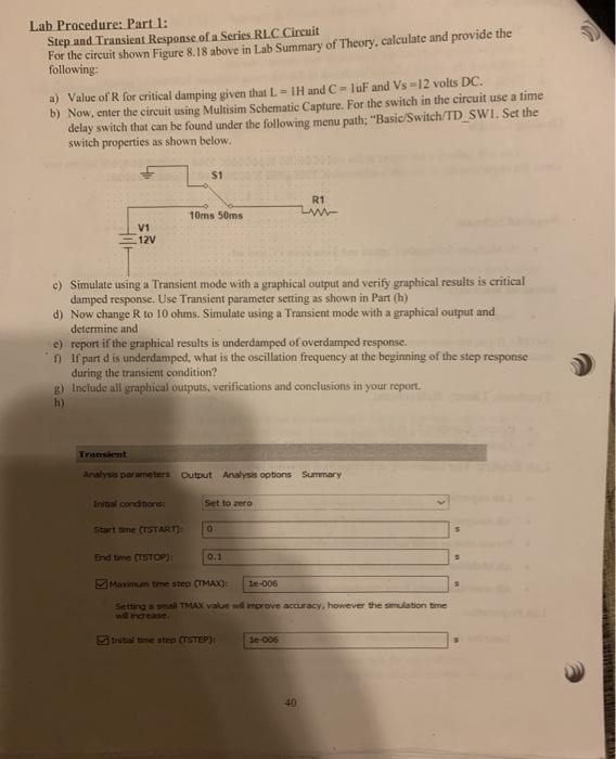 Lab Procedure: Part 2: Step and Transient Response of | Chegg.com