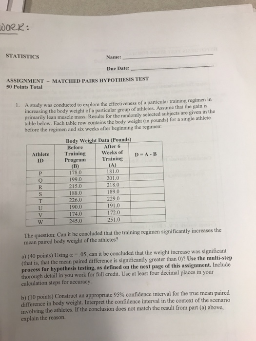 Solved WORK: STATISTICS Name: Due Date: ASSIGNMENT - MATCHED | Chegg.com