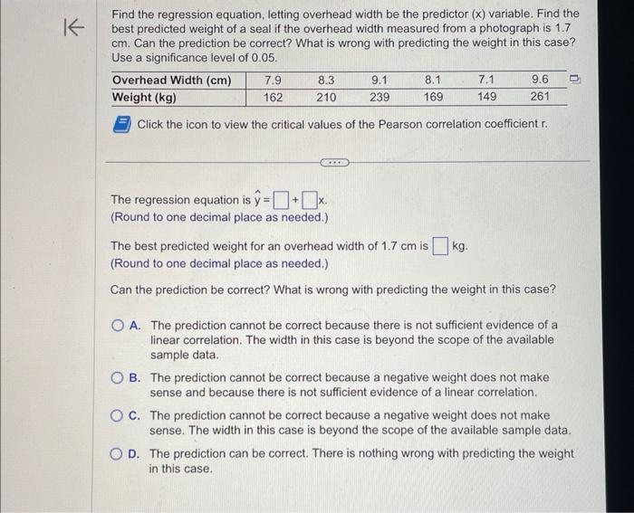 Solved Find the regression equation, letting overhead width | Chegg.com