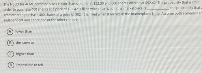 Solved The NBBO for ACME common stock is 500 shares bid for | Chegg.com