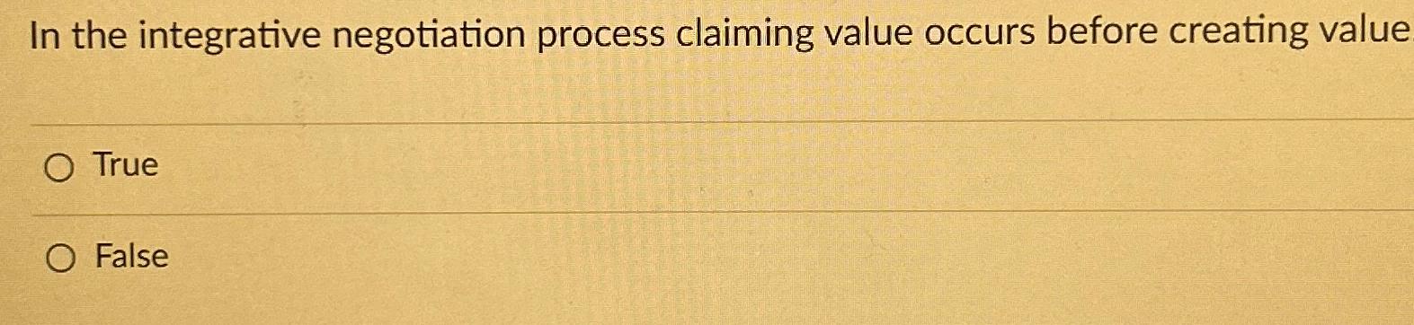 Solved In the integrative negotiation process claiming value | Chegg.com
