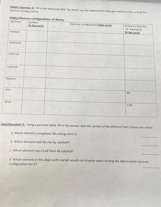 Solved (20pts) Question 4;. Fill in the following table. You | Chegg.com