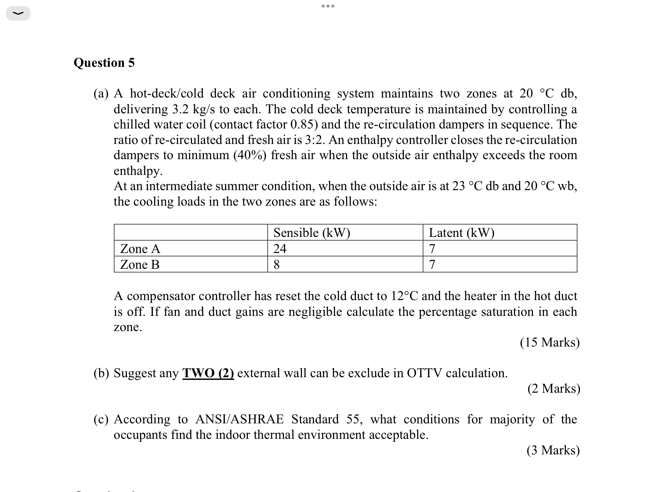 Solved Question 5(a) ﻿A hot-deck/cold deck air conditioning | Chegg.com