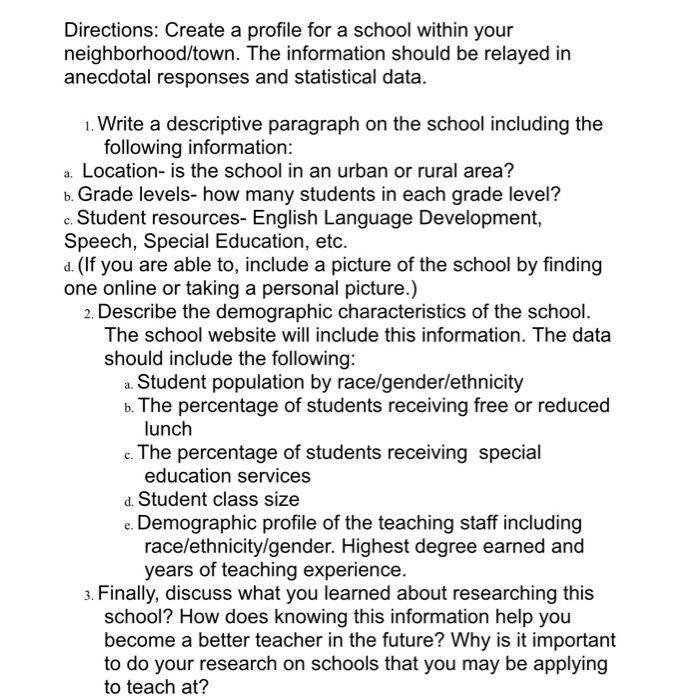 Directions: Create a profile for a school within your | Chegg.com
