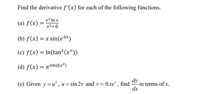 Solved Find the derivative f′(x) for each of the following | Chegg.com