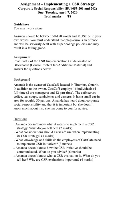 Solved Assignment - Implementing a CSR Strategy Corporate | Chegg.com