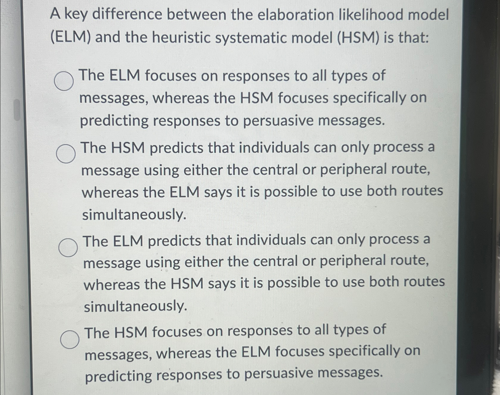 Solved A key difference between the elaboration likelihood | Chegg.com