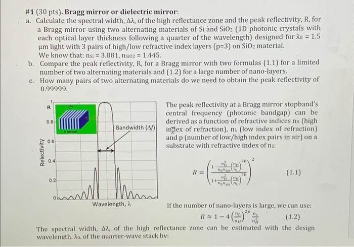 Solved #1 (30 pts). Bragg mirror or dielectric mirror: a. | Chegg.com