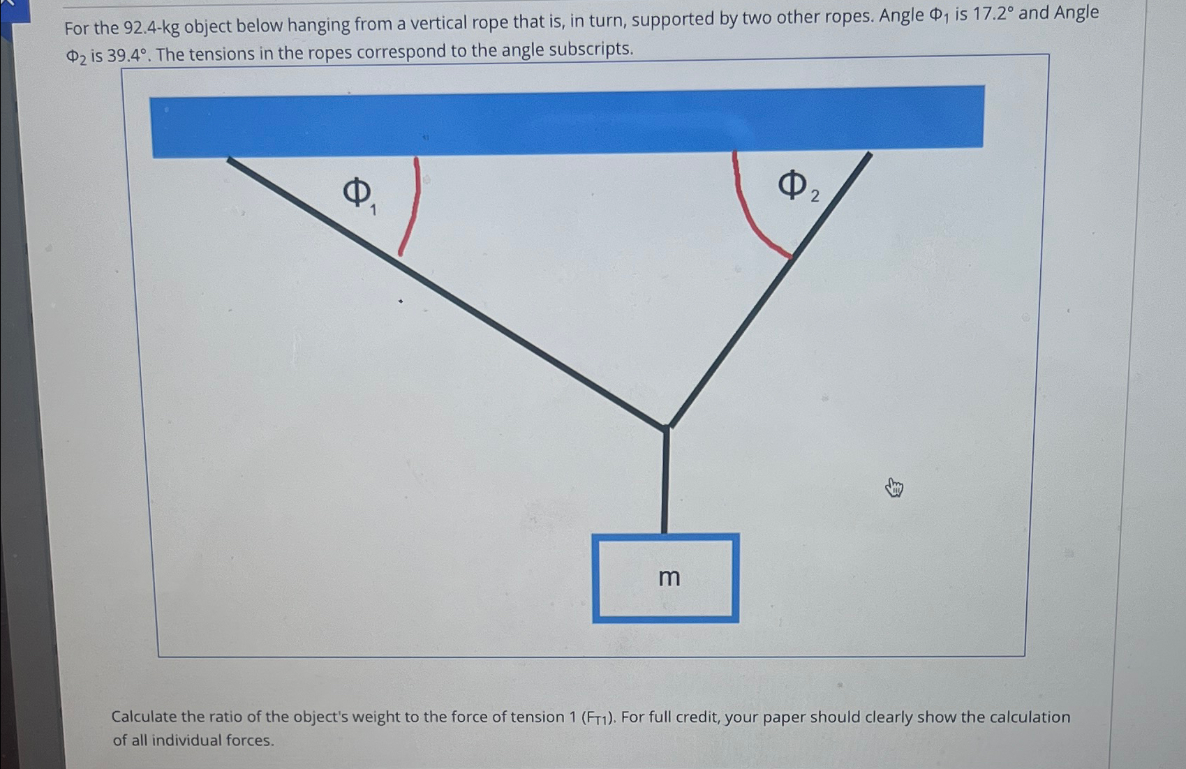 Solved For the 92.4-kg ﻿object below hanging from a vertical | Chegg.com
