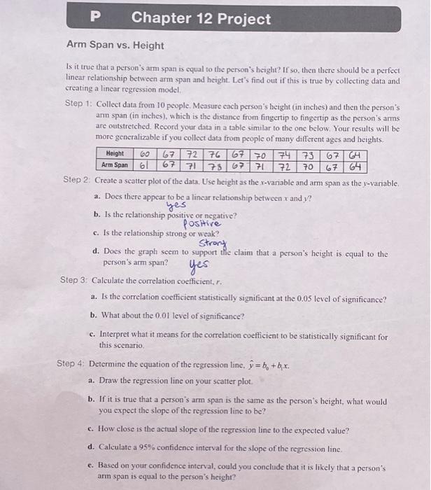 Arm Span vs. Height Is it true that a person's arm | Chegg.com