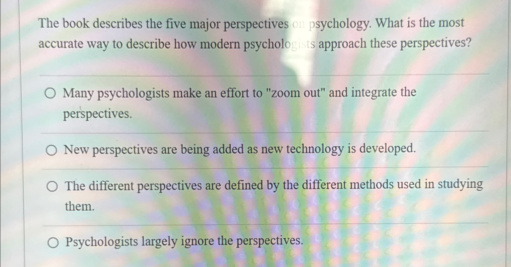 Solved The book describes the five major perspectives | Chegg.com