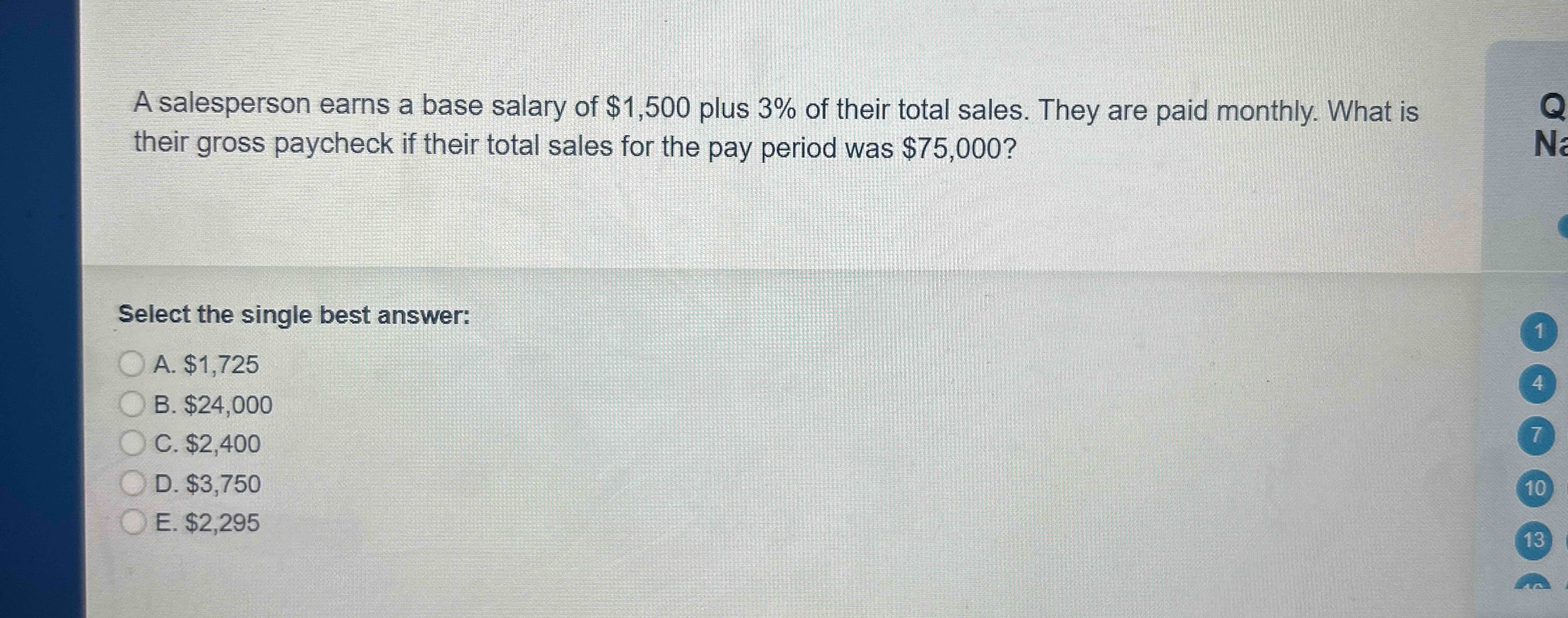 Solved A salesperson earns a base salary of ﻿$1,500 ﻿plus | Chegg.com