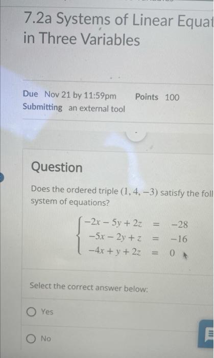 Solved 7.2a Systems of Linear Equat in Three Variables Due | Chegg.com