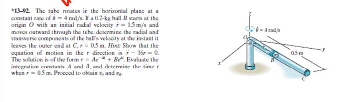 Solved *13-92. The tube rotates in the horizontal plane at a | Chegg.com