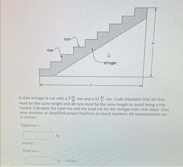 Solved A stair stringer is cut with a 716711 rise and a | Chegg.com